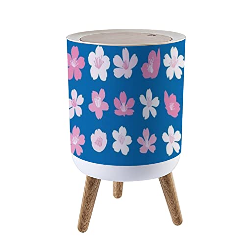 Trash Can with Lid Set of 21 Cherry Blossom Illustrations Press Cover Small Garbage Bin Round with Wooden Legs Waste Basket for Bathroom Kitchen Bedroom 7L/1.8 Gallon