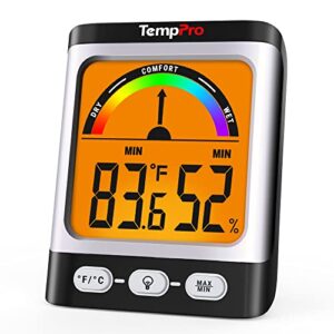 temppro a52 hygrometer indoor thermometer for home with comfort level indication humidity meter, large backlit display humidity sensor with max/min record for greenhouse basement black