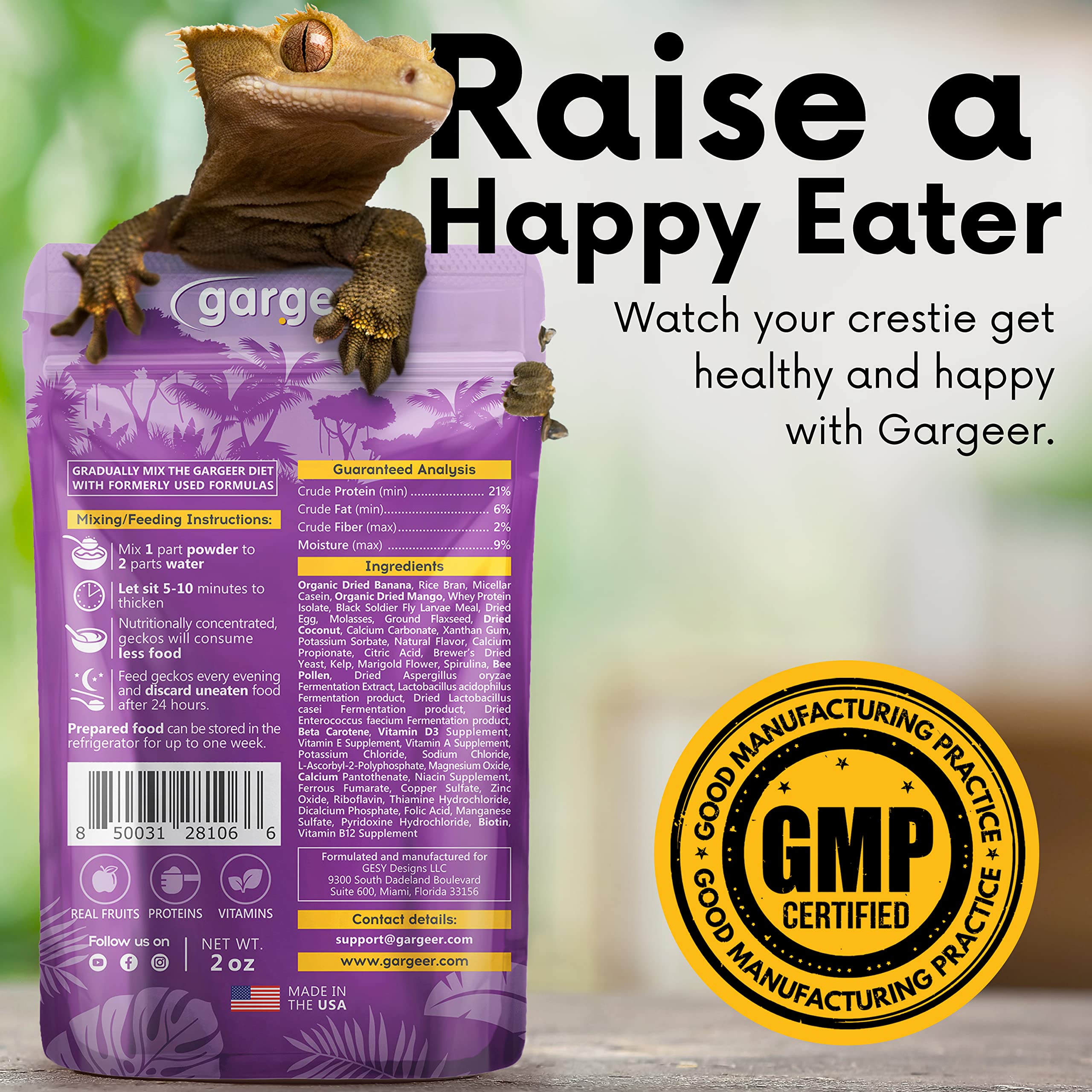 Gargeer 2oz Complete Crested Gecko Food Diet. Premium Mix, Ready to Use Freshly Made Powder. Unique Formula, Developed & Made in The USA. Enjoy! (Tropical + Insects Protein)