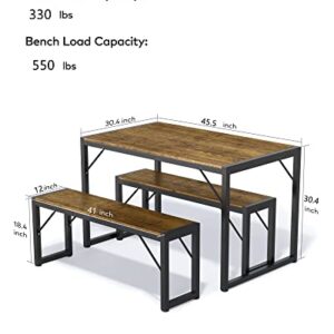 Dining Table Set for 4, 4 Seat Dining Room Table Set, 3 Piece Kitchen Table Set, Rectangular Table Set, Wood Modern Table and Bench Set, 45.5 x 30.4 x 30.4 inch, Metal Frame and MDF Board (Retro)