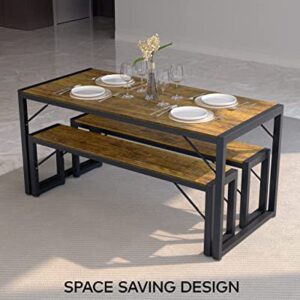 Dining Table Set for 4, 4 Seat Dining Room Table Set, 3 Piece Kitchen Table Set, Rectangular Table Set, Wood Modern Table and Bench Set, 45.5 x 30.4 x 30.4 inch, Metal Frame and MDF Board (Retro)