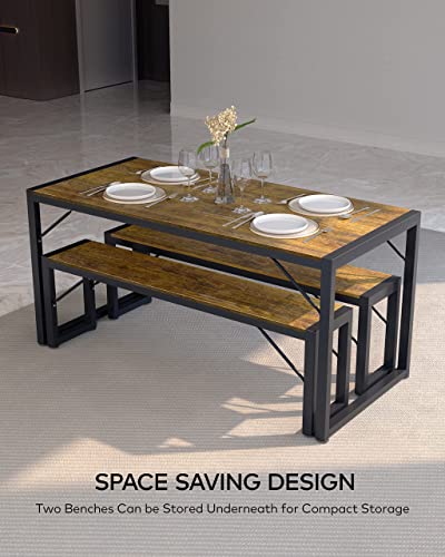 Dining Table Set for 4, 4 Seat Dining Room Table Set, 3 Piece Kitchen Table Set, Rectangular Table Set, Wood Modern Table and Bench Set, 45.5 x 30.4 x 30.4 inch, Metal Frame and MDF Board (Retro)