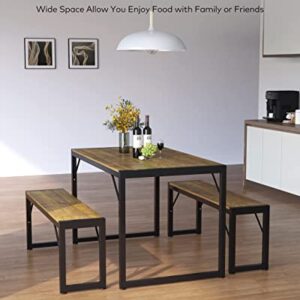 Dining Table Set for 4, 4 Seat Dining Room Table Set, 3 Piece Kitchen Table Set, Rectangular Table Set, Wood Modern Table and Bench Set, 45.5 x 30.4 x 30.4 inch, Metal Frame and MDF Board (Retro)