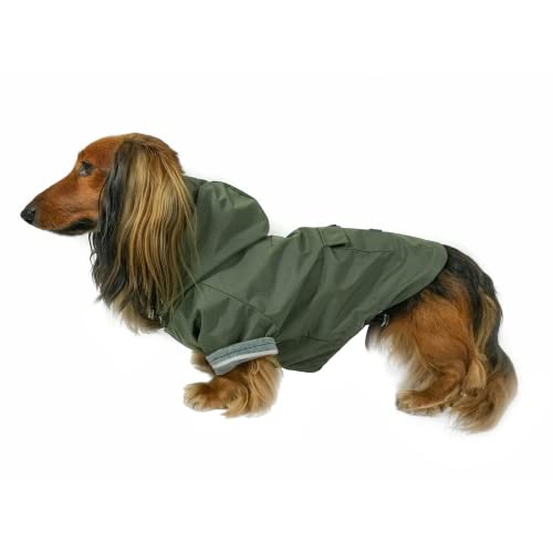 DJANGO Highland Dog Jacket and Raincoat - Water-Repellent, Windproof, and Harness-Friendly Hooded Winter Dog Coat and Raincoat with Adjustable Drawstrings and Gunmetal Hardware (Small, Olive Green)