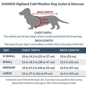 DJANGO Highland Dog Jacket and Raincoat - Water-Repellent, Windproof, and Harness-Friendly Hooded Winter Dog Coat and Raincoat with Adjustable Drawstrings and Gunmetal Hardware (Small, Olive Green)