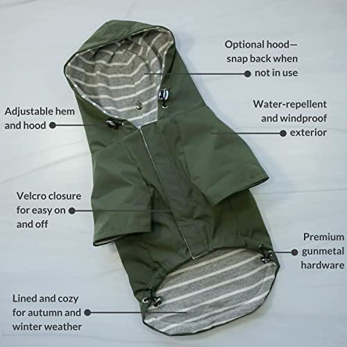 DJANGO Highland Dog Jacket and Raincoat - Water-Repellent, Windproof, and Harness-Friendly Hooded Winter Dog Coat and Raincoat with Adjustable Drawstrings and Gunmetal Hardware (Small, Olive Green)