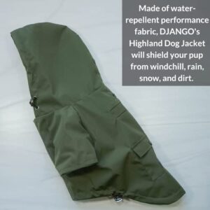 DJANGO Highland Dog Jacket and Raincoat - Water-Repellent, Windproof, and Harness-Friendly Hooded Winter Dog Coat and Raincoat with Adjustable Drawstrings and Gunmetal Hardware (Small, Olive Green)