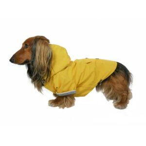 django highland dog jacket and raincoat - water-repellent, windproof, and harness-friendly hooded winter dog coat & raincoat with adjustable drawstrings & gunmetal hardware (medium, dandelion yellow)