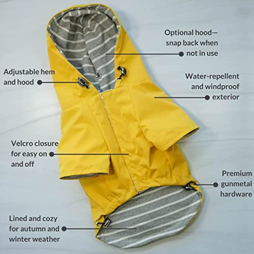 DJANGO Highland Dog Jacket and Raincoat - Water-Repellent, Windproof, and Harness-Friendly Hooded Winter Dog Coat & Raincoat with Adjustable Drawstrings & Gunmetal Hardware (Medium, Dandelion Yellow)