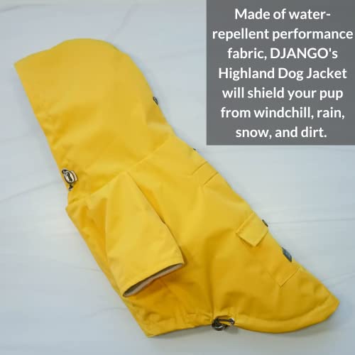 DJANGO Highland Dog Jacket and Raincoat - Water-Repellent, Windproof, and Harness-Friendly Hooded Winter Dog Coat & Raincoat with Adjustable Drawstrings & Gunmetal Hardware (Medium, Dandelion Yellow)