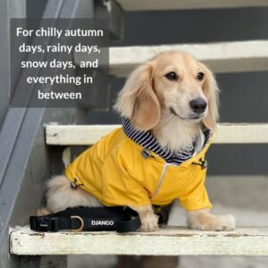 DJANGO Highland Dog Jacket and Raincoat - Water-Repellent, Windproof, and Harness-Friendly Hooded Winter Dog Coat & Raincoat with Adjustable Drawstrings & Gunmetal Hardware (Medium, Dandelion Yellow)