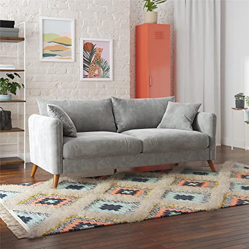 Novogratz Magnolia 3 Seater Sofa with Pillows, Pocket Coil Seating, Light Gray Velvet