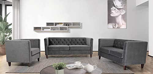 US Pride Furniture Modern Style Soft Elegant High Density Foam Cool Grey Velvet Button-Tufted 3 PC Living Room Set with Removable Cushion & Solid Wood Legs (S5708-5714) Sofas