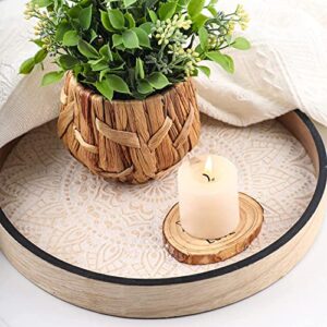 Round Wood Tray for Decor, Rustic Decorative Serving Tray, Kitchen Table Centerpieces, Floral Ottoman Tray for Kitchen Counter, Wooden Bathroom Tray, Farmhouse Centerpiece for Coffee Table