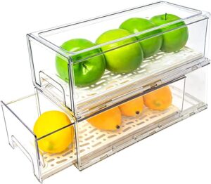 2 pack stackable refrigerator drawers pull out bins clear fridge drawer organizer food storage containers plastic veggie fruit produce saver for pantry kitchen freezer