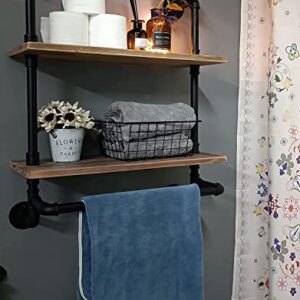 HDDFER Industrial Shelves Pipe Shelving Bathroom Shelves with Towel Bar Rustic Floating Pipe Wall Shelves with Wood Planks, 24 Inch Farmhouse Bathroom Shelves Over Toilet Wall Mounted……