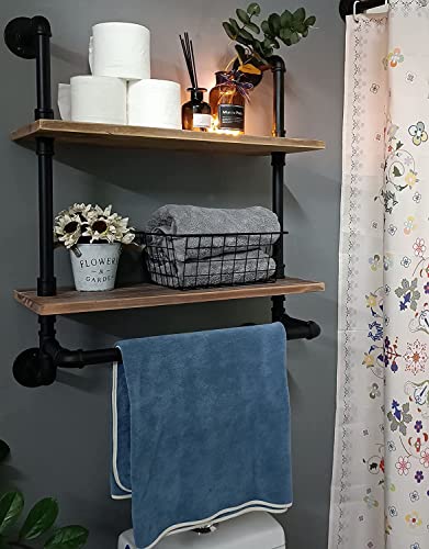 HDDFER Industrial Shelves Pipe Shelving Bathroom Shelves with Towel Bar Rustic Floating Pipe Wall Shelves with Wood Planks, 24 Inch Farmhouse Bathroom Shelves Over Toilet Wall Mounted……