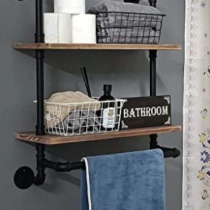 HDDFER Industrial Shelves Pipe Shelving Bathroom Shelves with Towel Bar Rustic Floating Pipe Wall Shelves with Wood Planks, 24 Inch Farmhouse Bathroom Shelves Over Toilet Wall Mounted……