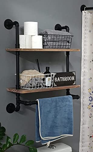 HDDFER Industrial Shelves Pipe Shelving Bathroom Shelves with Towel Bar Rustic Floating Pipe Wall Shelves with Wood Planks, 24 Inch Farmhouse Bathroom Shelves Over Toilet Wall Mounted……