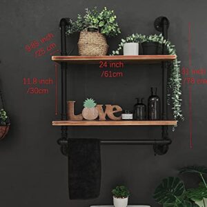 HDDFER Industrial Shelves Pipe Shelving Bathroom Shelves with Towel Bar Rustic Floating Pipe Wall Shelves with Wood Planks, 24 Inch Farmhouse Bathroom Shelves Over Toilet Wall Mounted……