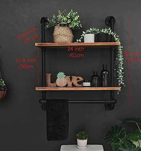 HDDFER Industrial Shelves Pipe Shelving Bathroom Shelves with Towel Bar Rustic Floating Pipe Wall Shelves with Wood Planks, 24 Inch Farmhouse Bathroom Shelves Over Toilet Wall Mounted……