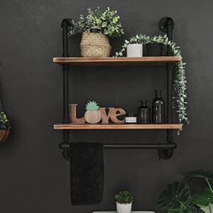 HDDFER Industrial Shelves Pipe Shelving Bathroom Shelves with Towel Bar Rustic Floating Pipe Wall Shelves with Wood Planks, 24 Inch Farmhouse Bathroom Shelves Over Toilet Wall Mounted……