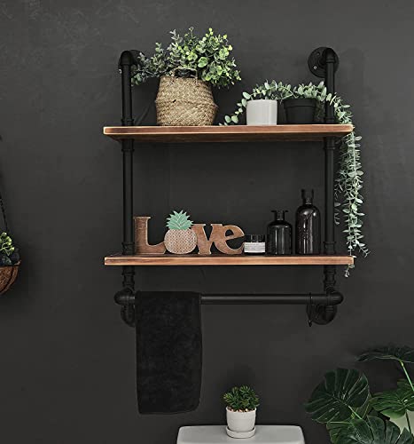 HDDFER Industrial Shelves Pipe Shelving Bathroom Shelves with Towel Bar Rustic Floating Pipe Wall Shelves with Wood Planks, 24 Inch Farmhouse Bathroom Shelves Over Toilet Wall Mounted……