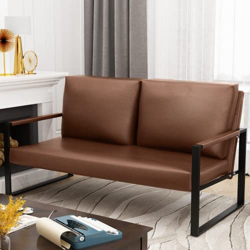 AWQM Mid-Century Loveseat Sofa, Upholstered Faux Leather Loveseat 2-Seat Small Sofa Couch Metal Accent Chair with Extra-Thick Padded Seat & Backrest Love Seat for Living Room, Small Spaces - Brown