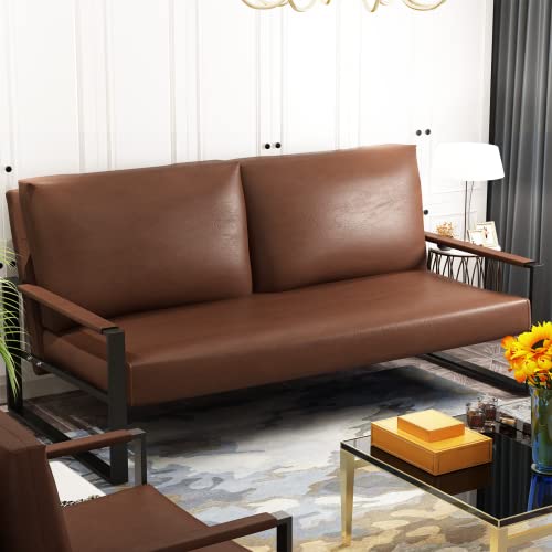 AWQM Mid-Century Loveseat Sofa, Upholstered Faux Leather Loveseat 2-Seat Small Sofa Couch Metal Accent Chair with Extra-Thick Padded Seat & Backrest Love Seat for Living Room, Small Spaces - Brown