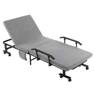 homcom rollaway bed, folding bed with 3.25" mattress, portable foldable guest bed with adjustable backrest, and metal frame on wheels, light grey