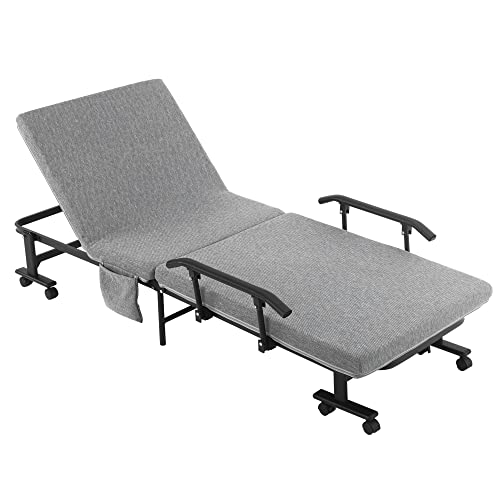 HOMCOM Rollaway Bed, Folding Bed with 3.25" Mattress, Portable Foldable Guest Bed with Adjustable Backrest, and Metal Frame on Wheels, Light Grey