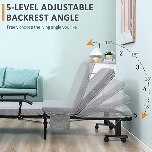 HOMCOM Rollaway Bed, Folding Bed with 3.25" Mattress, Portable Foldable Guest Bed with Adjustable Backrest, and Metal Frame on Wheels, Light Grey