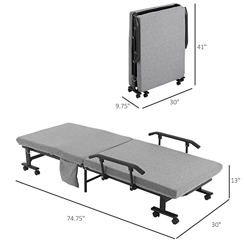 HOMCOM Rollaway Bed, Folding Bed with 3.25" Mattress, Portable Foldable Guest Bed with Adjustable Backrest, and Metal Frame on Wheels, Light Grey