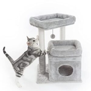 pesofer cat tree, small cat tower with dangling ball and perch light gray