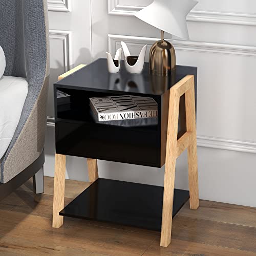 UYIHOME Nightstand Set of 2 with Drawers and Open Shelves, Modern High Gloss Bedside Table with Storage & Trapezoid Rubberwood Leg Frame, Sofa Side End Accent Table for Bedroom, Black