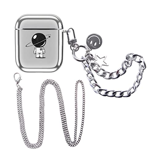 Cute Astronaut Space for AirPods Case with Keychain and Necklace, Soft TPU Plated Shockproof Protective Cover for Women Girls Compatible with Apple AirPods 1&2