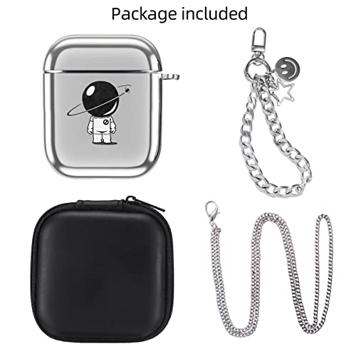 Cute Astronaut Space for AirPods Case with Keychain and Necklace, Soft TPU Plated Shockproof Protective Cover for Women Girls Compatible with Apple AirPods 1&2