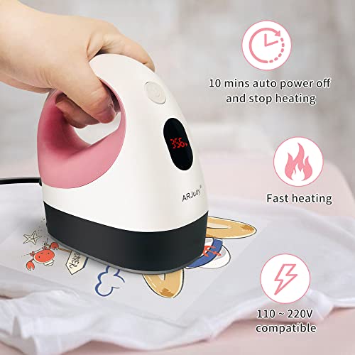 Mini Heat Press, LED Display Machine, Auto Power Off Heat Transfer Printer, Small and Portable Iron, Temp Control, Insulated Safety Base, Fits for Crafts, T Shirt, Hat, Cap, Pillows(White & Pink)