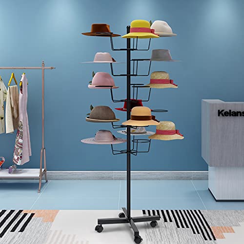 MYOYAY 5-Tier Hat Racks Rotating Metal Hat Display Stand 25 Hats Caps Holders Adjustable Hat Hanger Organizer Free Standing Headwear Wig Rack Metal Floor Rack with 4 Wheels for Caps Wigs Hats