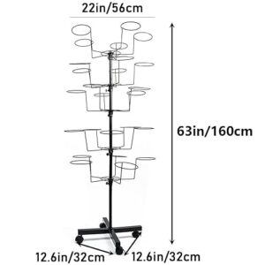 MYOYAY 5-Tier Hat Racks Rotating Metal Hat Display Stand 25 Hats Caps Holders Adjustable Hat Hanger Organizer Free Standing Headwear Wig Rack Metal Floor Rack with 4 Wheels for Caps Wigs Hats