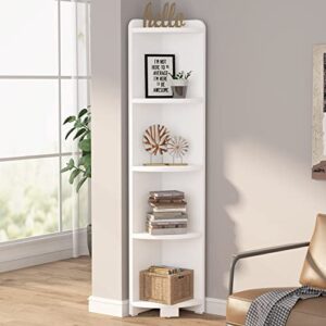 tribesigns white corner shelf, 5 tier wood wall corner bookshelf with anti-slip pad, corner storage rack shelves display plant flower, stand ladder bookcase for home office kitchen bedroom