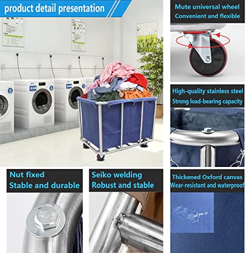 12 Bushel Laundry Cart with Wheels Heavy Duty Commercial Laundry Carts, Stainless Steel Industrial Laundry Carts Trucks with Waterproof Oxford Cloth, for Laundry/Toys/Sundries Organizer and Storage