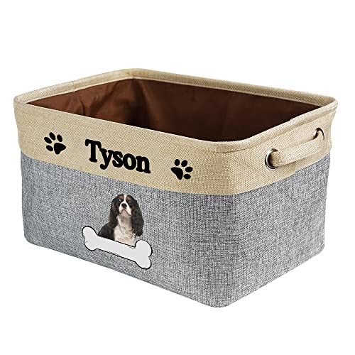 Personalized Dog Cavalier King Charles Spaniel Bone Decorative Storage Basket Fabric Durable Rectangle Toy Box with 2 Handles for Organizing Closet Garage Clothes Blankets Grey and White