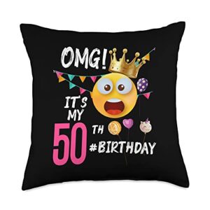 omg! it's my 50th birthday party 50 year old birthday throw pillow, 18x18, multicolor