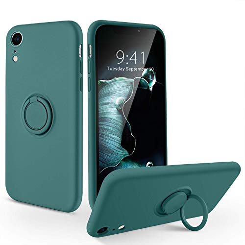 SouliGo iPhone XR Case, Phone Case iPhone XR, Slim Silicone Protective Kickstand Ring Holder Soft Rubber Hybrid Hard Bumper Shockproof Protection Non-Slip with Car Mount Girls Women Cover, Dark Green