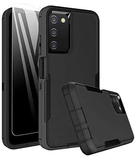 Dahkoiz for Samsung Galaxy A03S Case, with Tempered Glass Screen Protector, Dust Proof Port Cover, Full Body Protection Rubber Cover Phone Case for Samsung Galaxy A03S/A02S, Black/Black