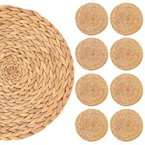 8 pack woven placemats for dining table round natural water hyacinth placemats wicker seagrass rattan placemats heat resistant non-slip weave mat handmade (12" round)