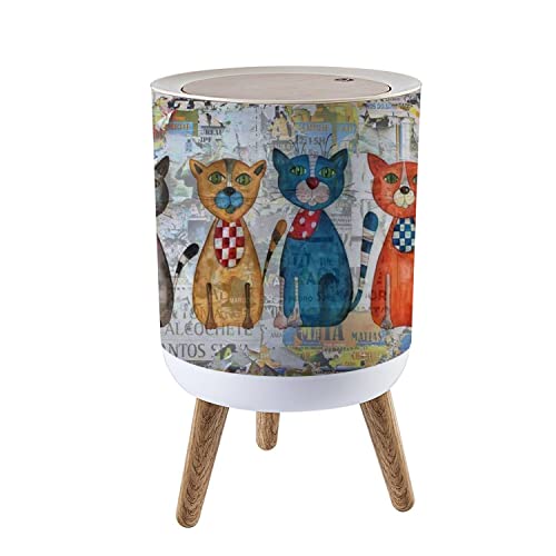 IBPNKFAZ89 Small Trash Can with Lid Cats Watercolors on Paper Garbage Bin Wood Waste Bin Press Cover Round Wastebasket for Bathroom Bedroom Kitchen 7L/1.8 Gallon, 8.66x14.3inch