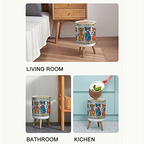 IBPNKFAZ89 Small Trash Can with Lid Cats Watercolors on Paper Garbage Bin Wood Waste Bin Press Cover Round Wastebasket for Bathroom Bedroom Kitchen 7L/1.8 Gallon, 8.66x14.3inch