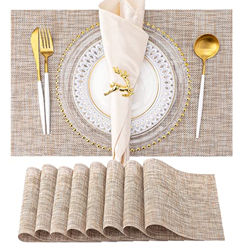 HGMO Placemats Set of 8 Washable Indoor/Outdoor Vinyl Place Mats for Dining Table Durable PVC Weave Table Mats(Caramel)